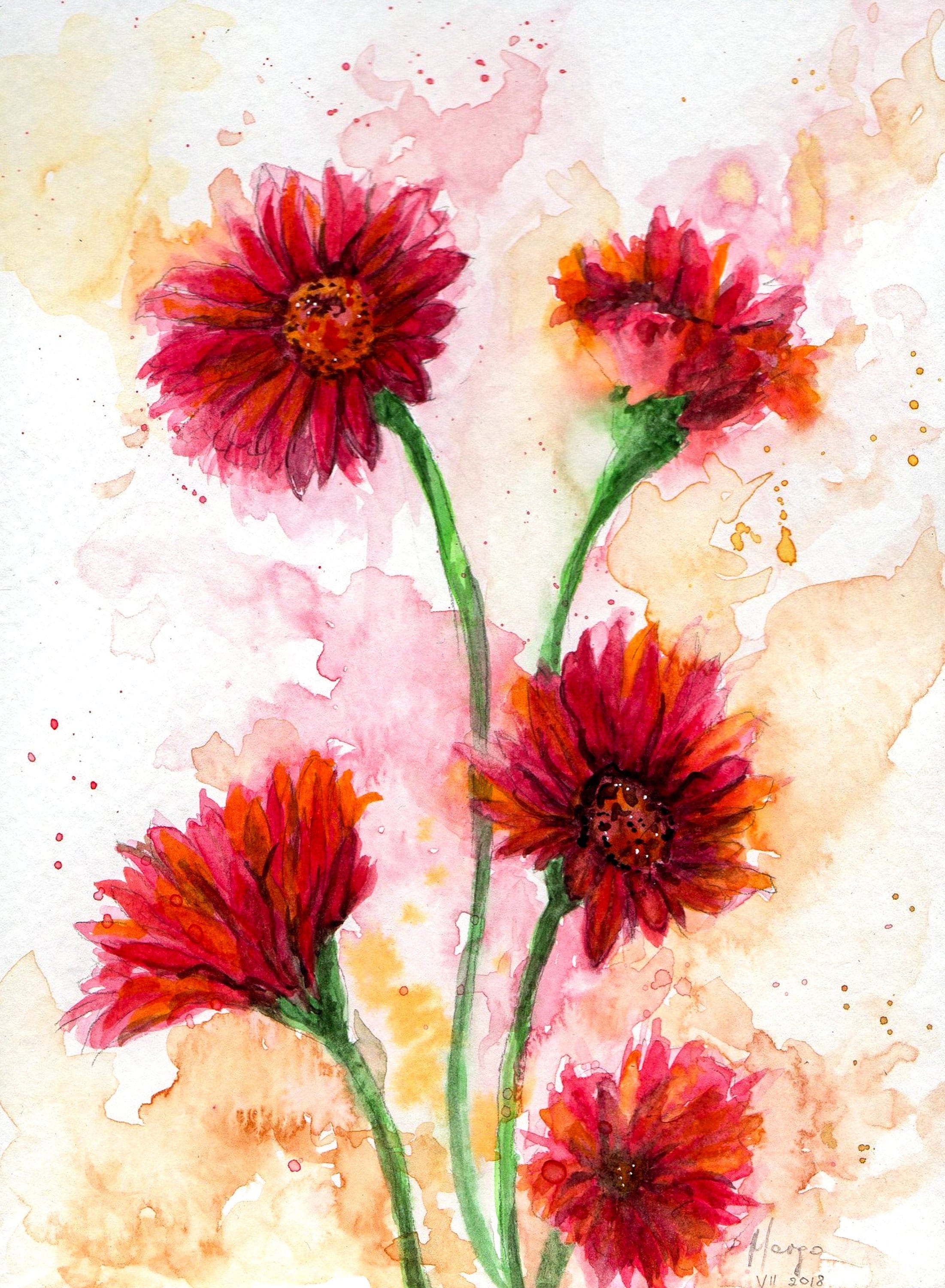 Red Gerbera Daisy Watercolour Painting Print. Floral Wall Decor. - Etsy