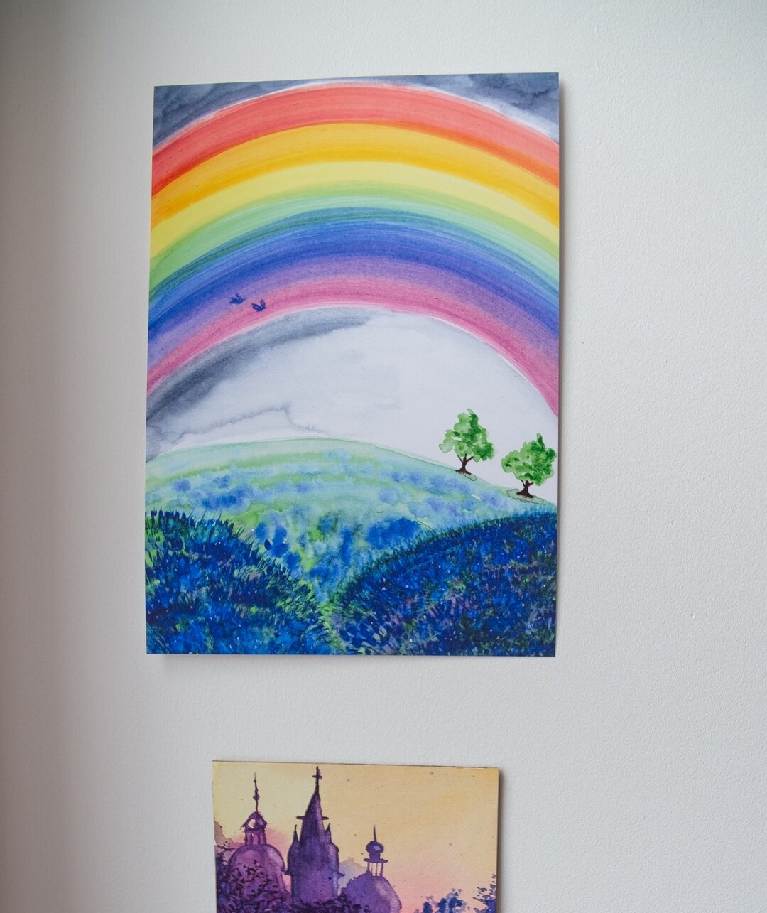 Rainbow Above Bluebells - Watercolor Painting Print. Trees and Birds ...