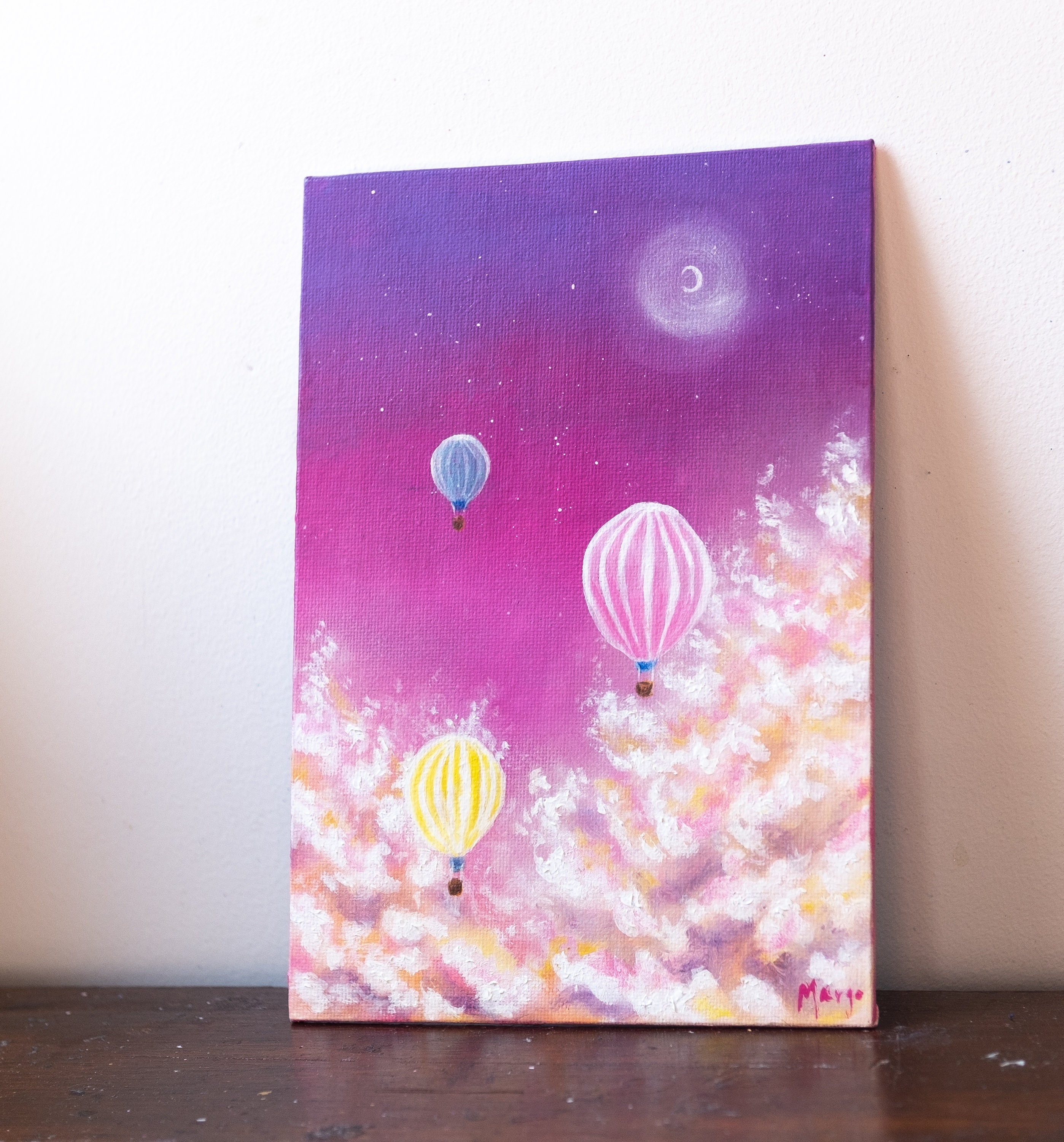 Hot-air Balloons Painting. Original Oil Painting A5. Pink and Purple ...