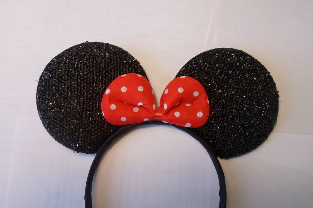 Orejas de Minnie Mouse Negras con moño de satin rosa subido con bolitas ...