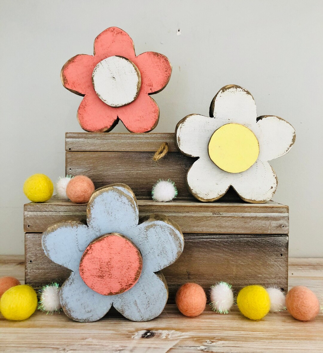 Wood Flowers Tiered Tray, Spring Decor - Etsy