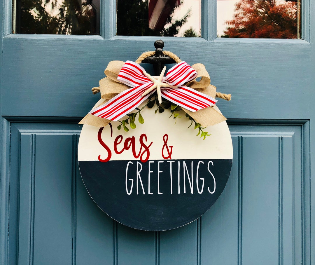 Seas & Greetings Round Wood Hanging Sign, Hanging Signs, Wood Signs ...