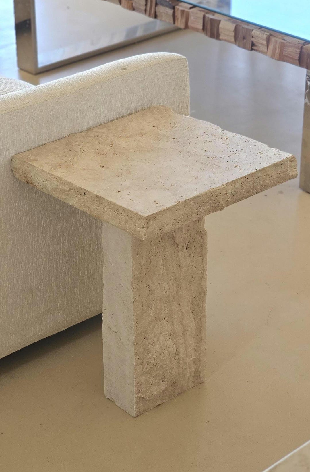 Travertine Stone Side Table With Chiseled Raw Edge - Pedestal - Etsy