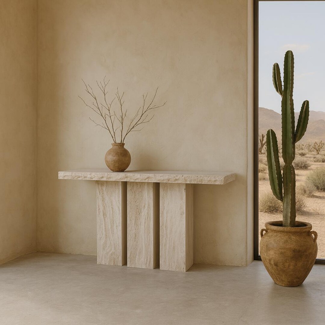 Travertine Stone Console Table With Chiseled Raw Edge Top - Desk - TV ...