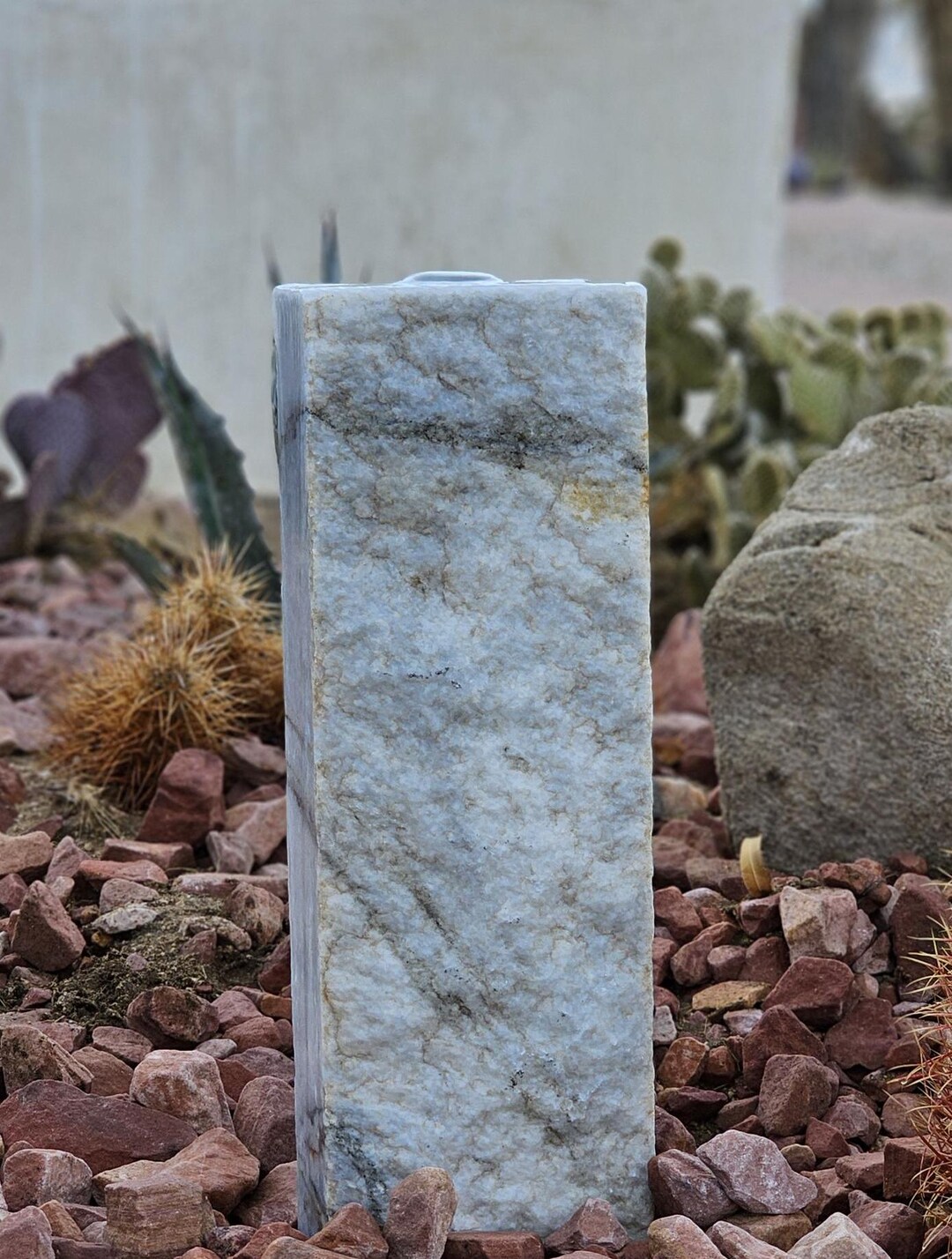 White Marble Monolith Fountain With Rough Face - Water Element Feature ...