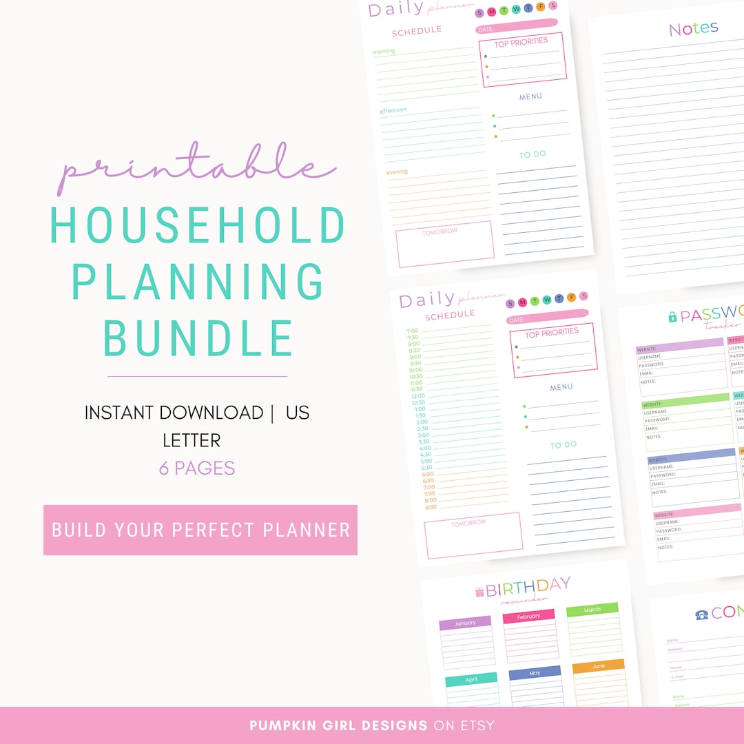 Printable Household Planning Bundle, Includes Daily Planner Page ...