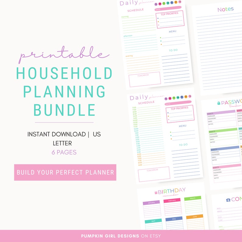 Printable Household Planning Bundle, Includes Daily Planner Page ...