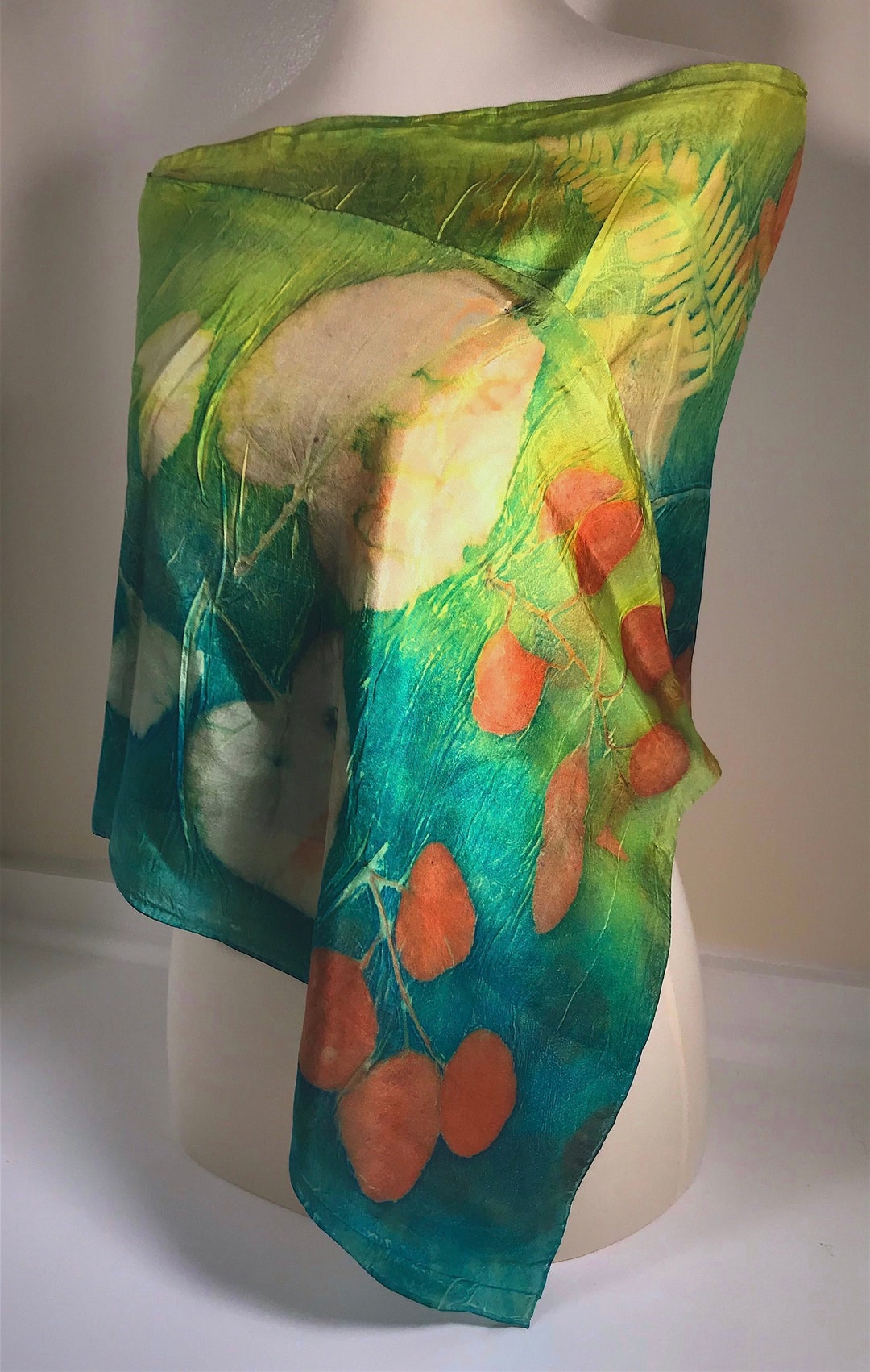 Dark Green & Light Green Combo Eco Dyed Silk Shawl 14" X 72", Handmade ...