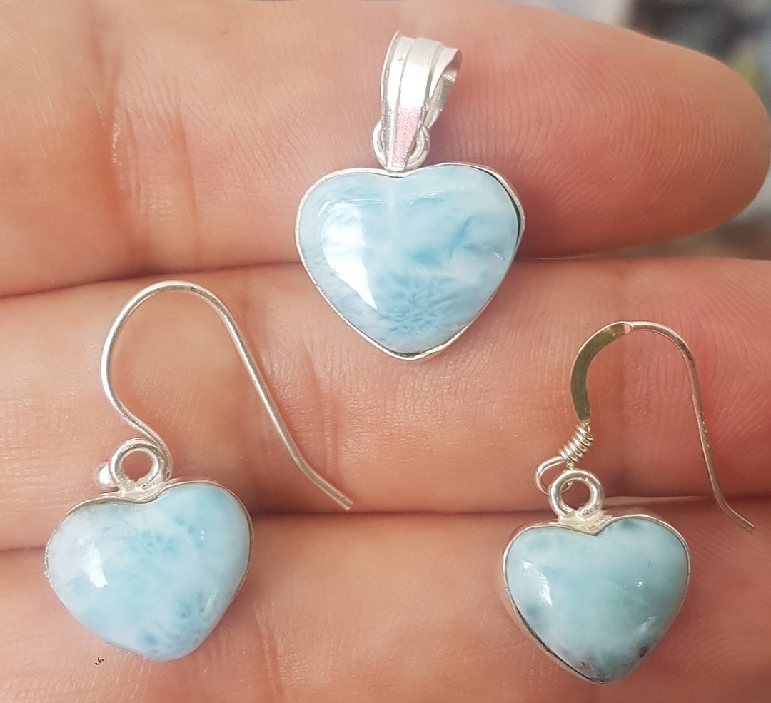 Heart LARIMAR Stones 925 Sterling Silver EARRINGS-PENDANT Cris-44 - Etsy