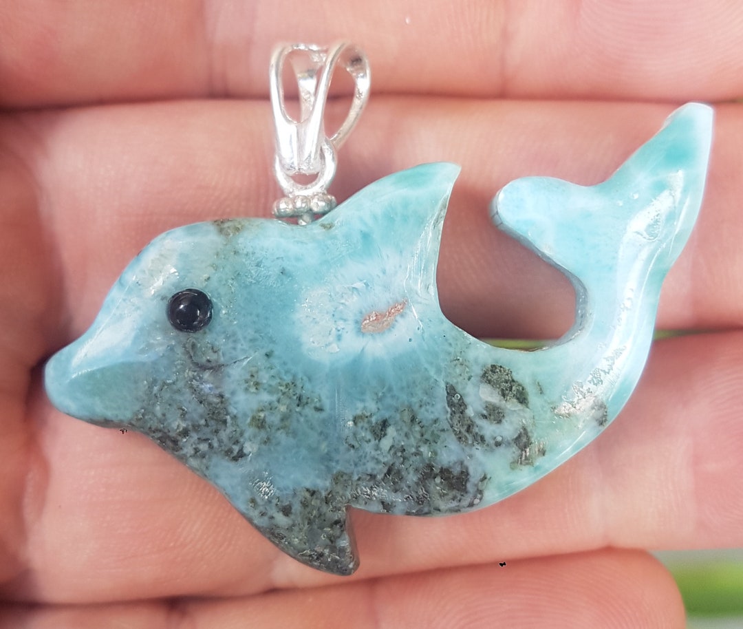 Uniq One Larimar DOLPHIN FISH-DELFIN 925 Sterling Silver Carved ...