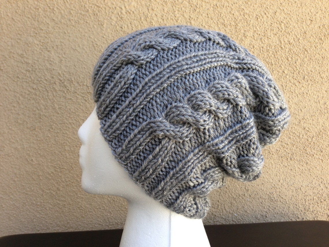 Cable Knit Hat, Gray Knit Hat, Slouchy Beanie, Cable Knit Beanie, Grey ...