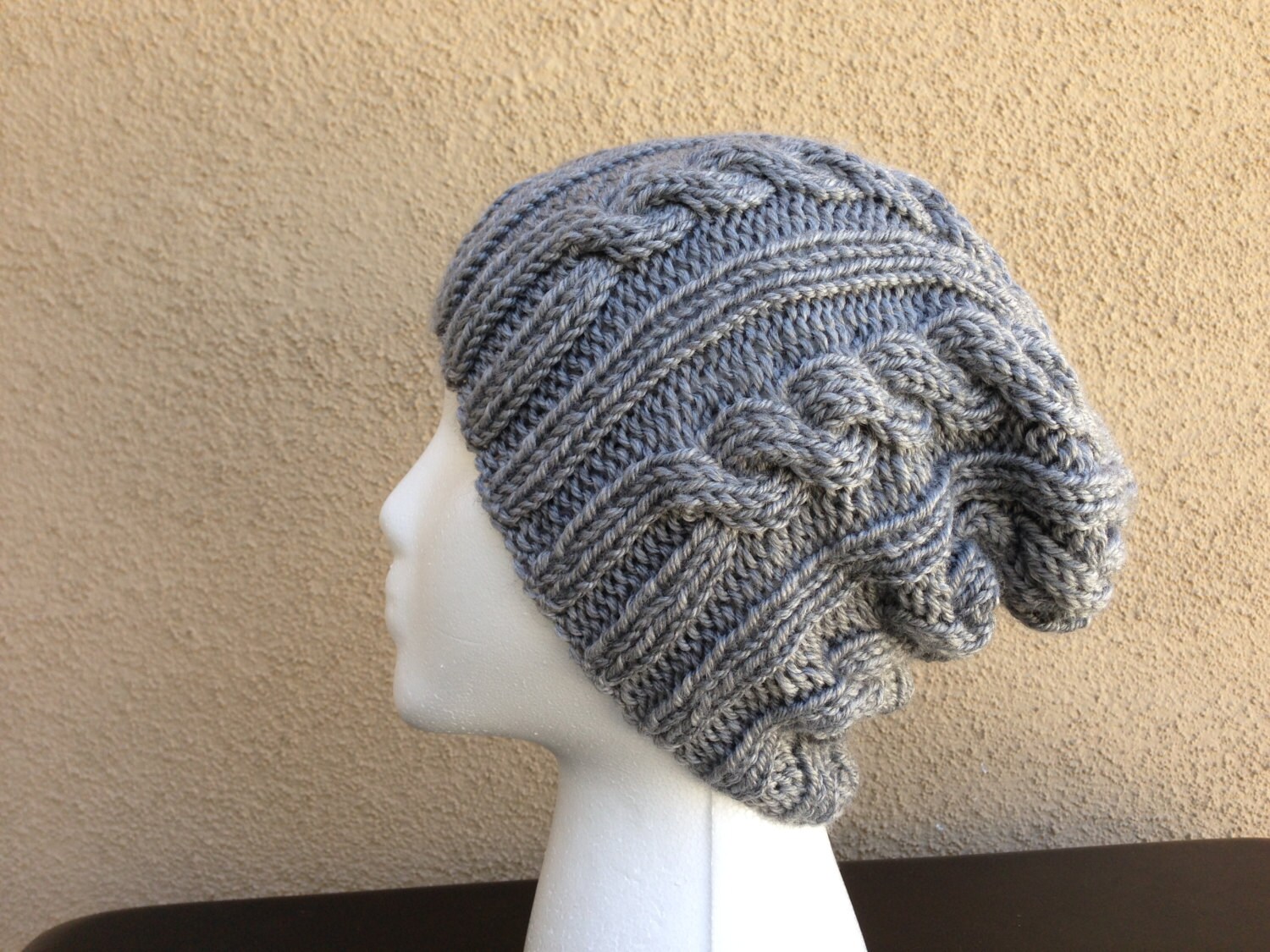 Cable Knit Hat, Gray Knit Hat, Slouchy Beanie, Cable Knit Beanie, Grey ...