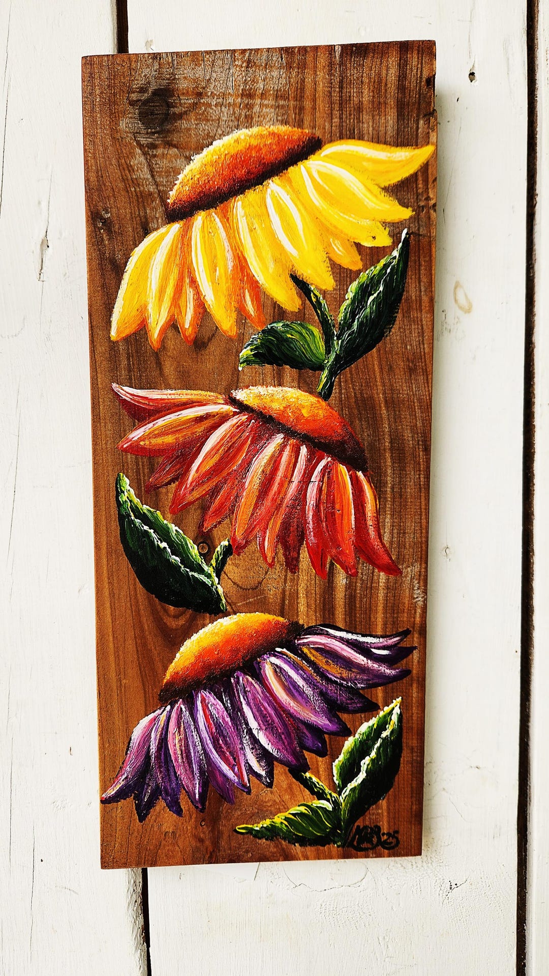 Hand-painted Reclaimed Wood Sign With Colorful Daisies – Indoor/outdoor ...