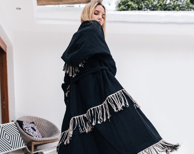 Long Black Hooded Coat ∆ Boho Robe ∆ Linen & Silk Clothing ∆ Women ...