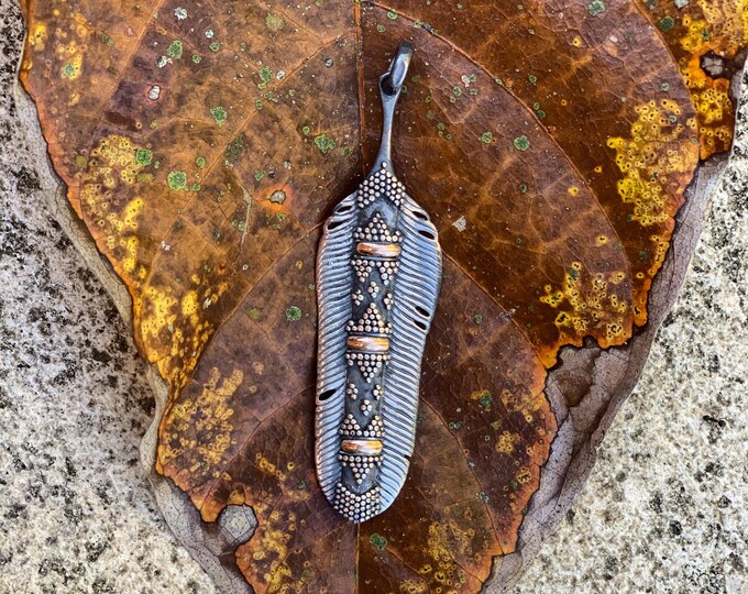 Silver & Gold Feather Pendant ∆ Unique Bird Feather Necklace ∆ 925 ...