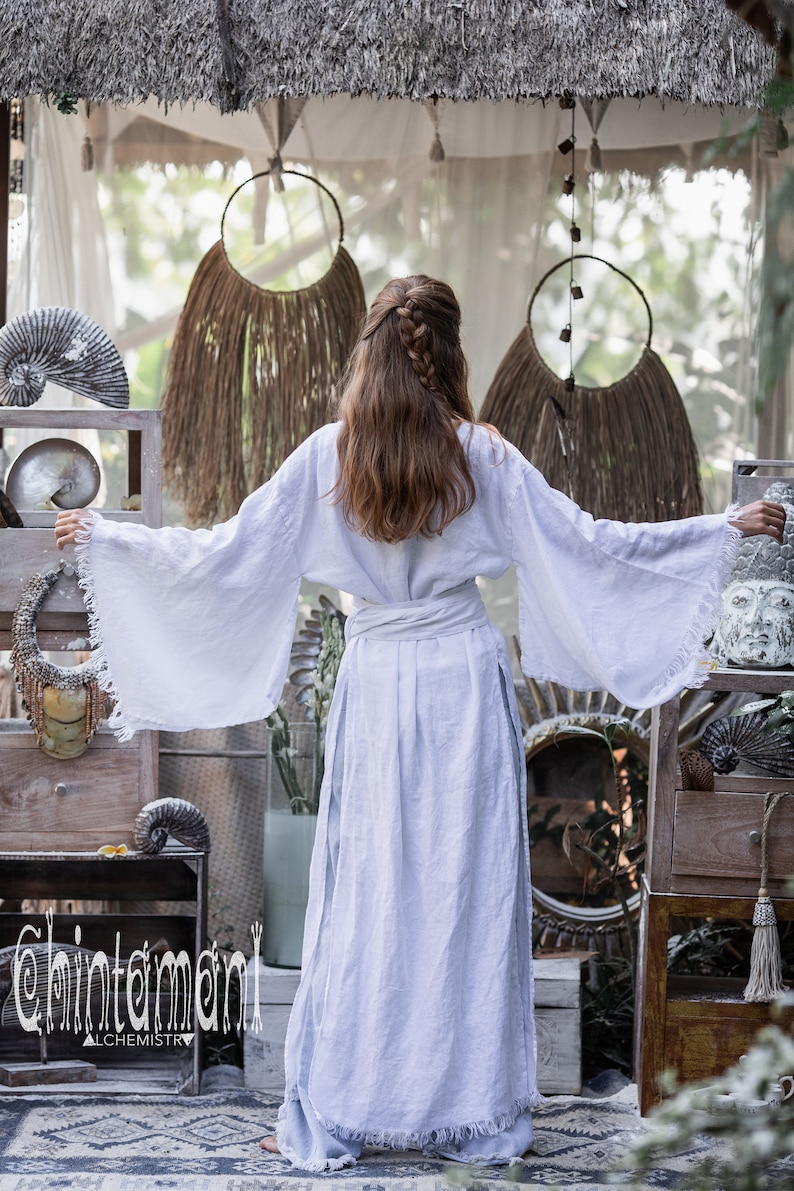 White Linen Kimono Robe Boho Kimono Cardigan Long Linen | Etsy