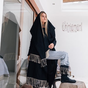 Long Black Hooded Coat Boho Robe Linen & Silk Clothing Women Duster ...