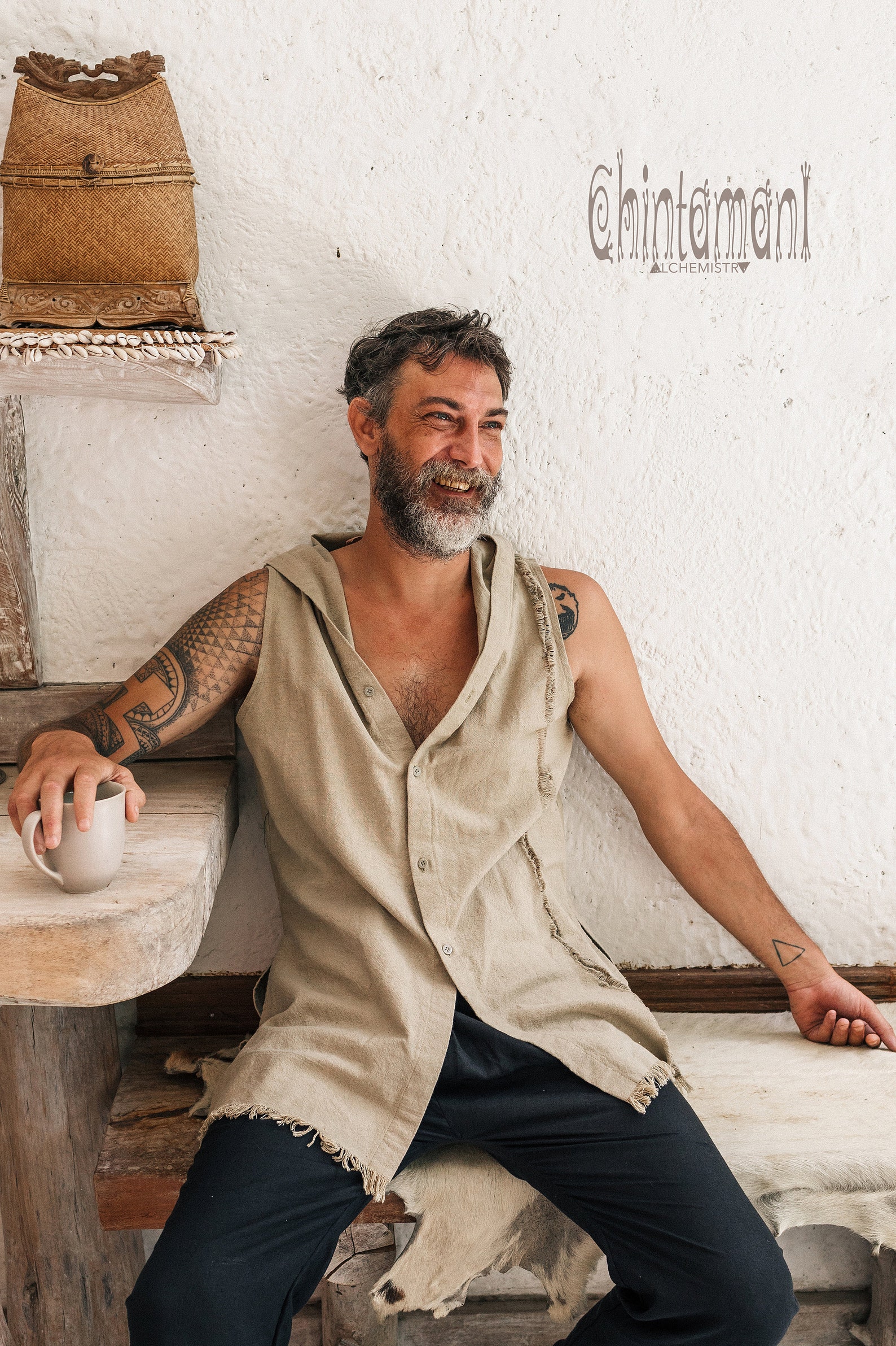 Mens Hooded Vest Shirt Boho Clothing Long Raw Cotton Tank Top Bohemian ...