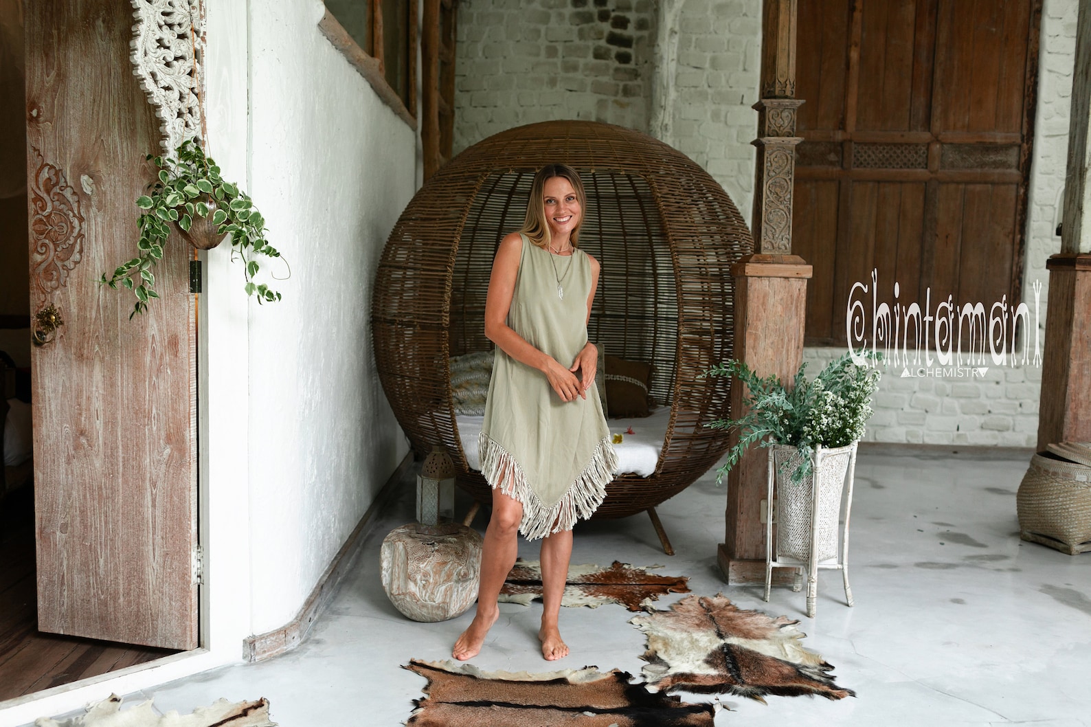 Sage Green Boho Dress Women Bohemian Dresses Bamboo Fringe | Etsy