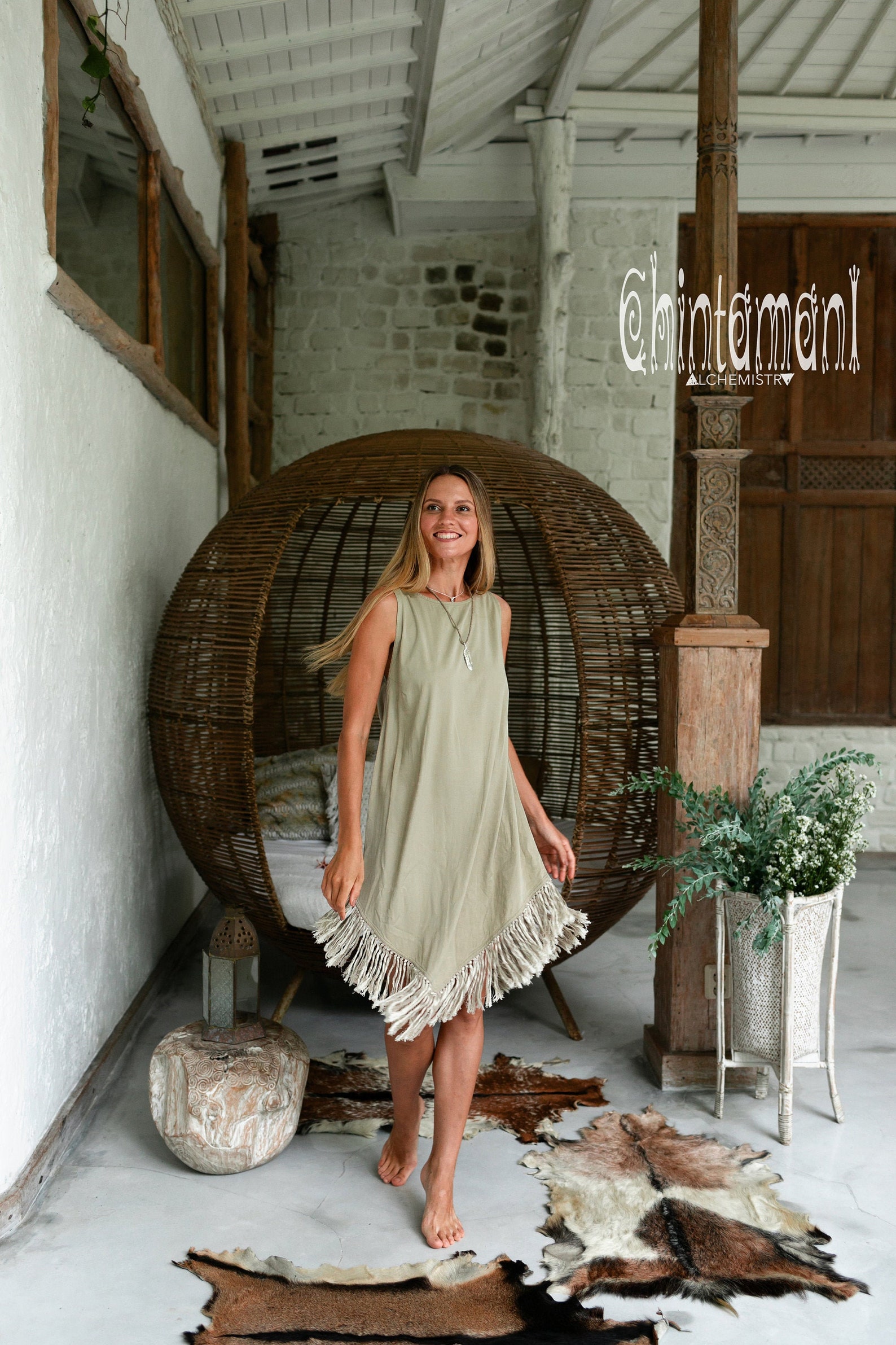 Sage Green Boho Dress Women Bohemian Dresses Bamboo Fringe | Etsy