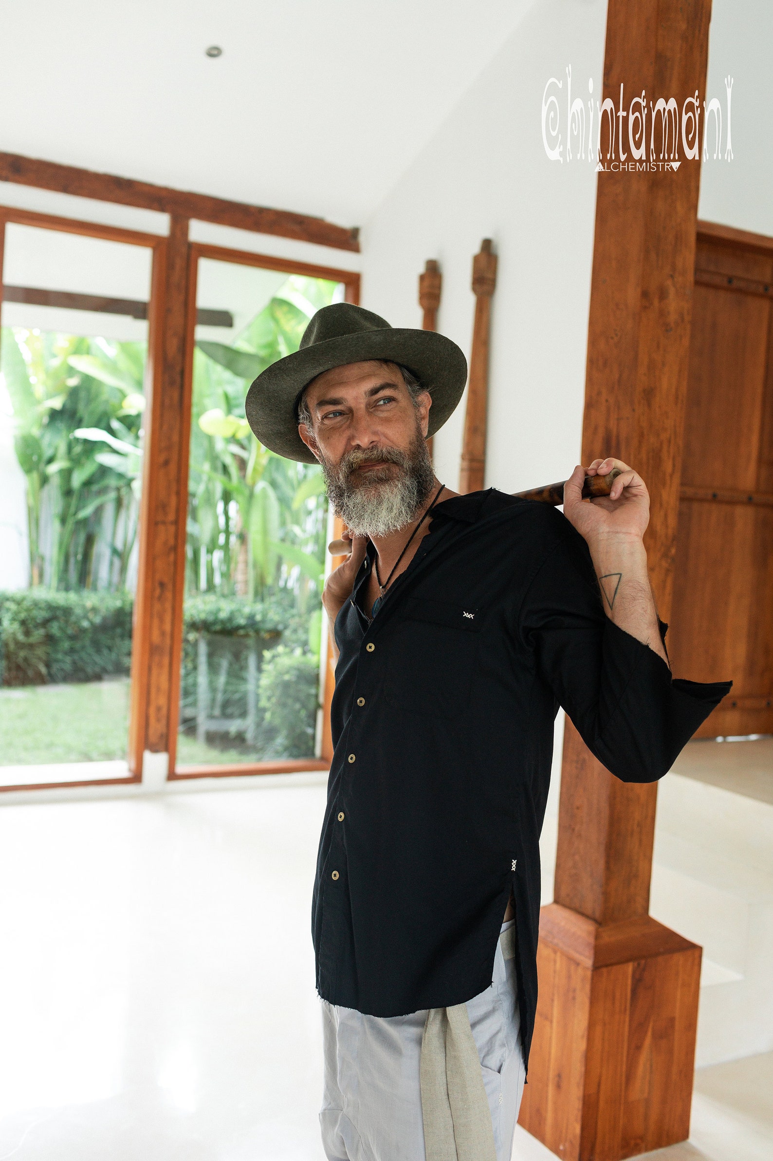 Black Button Down Shirt Men Boho Clothing Bamboo Top 3/4 | Etsy