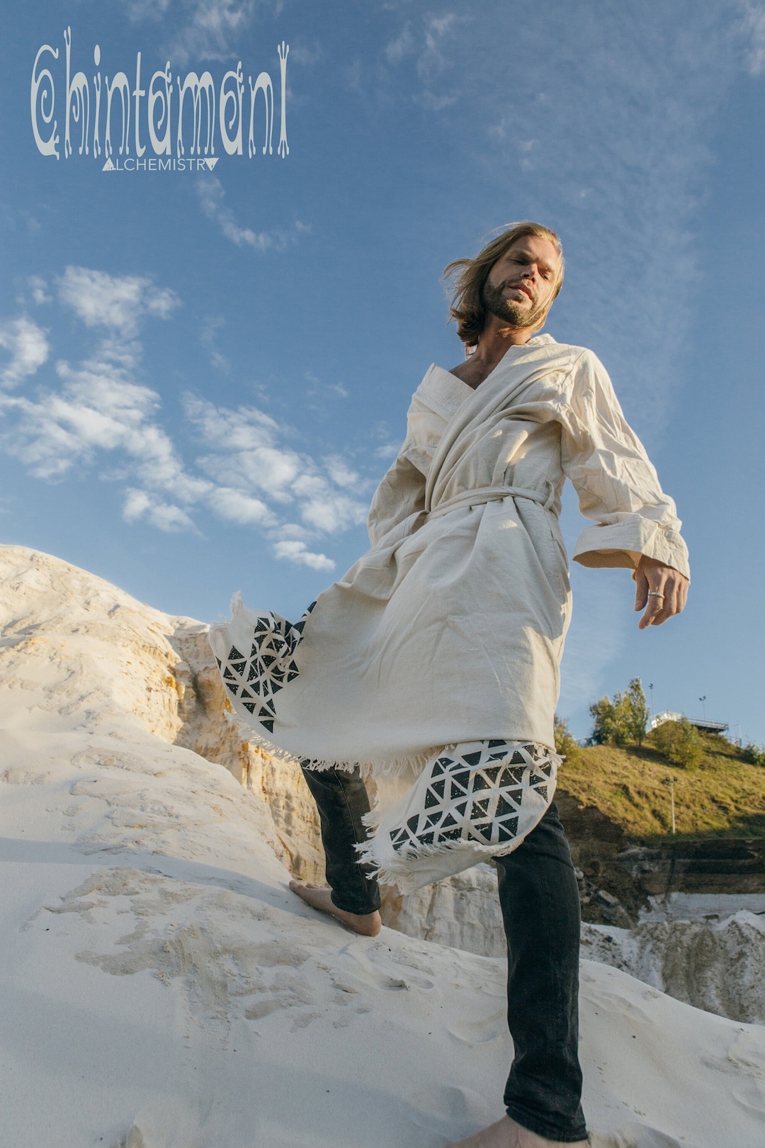 Mens Cloak Mantle Huge Wrap Coat Raw Cotton White Kimono Cardigan Nomad ...