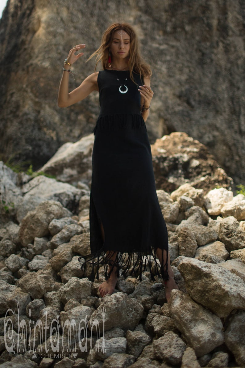 Long Boho Dress Black Bohemian Dress Maxi Raw Cotton - Etsy