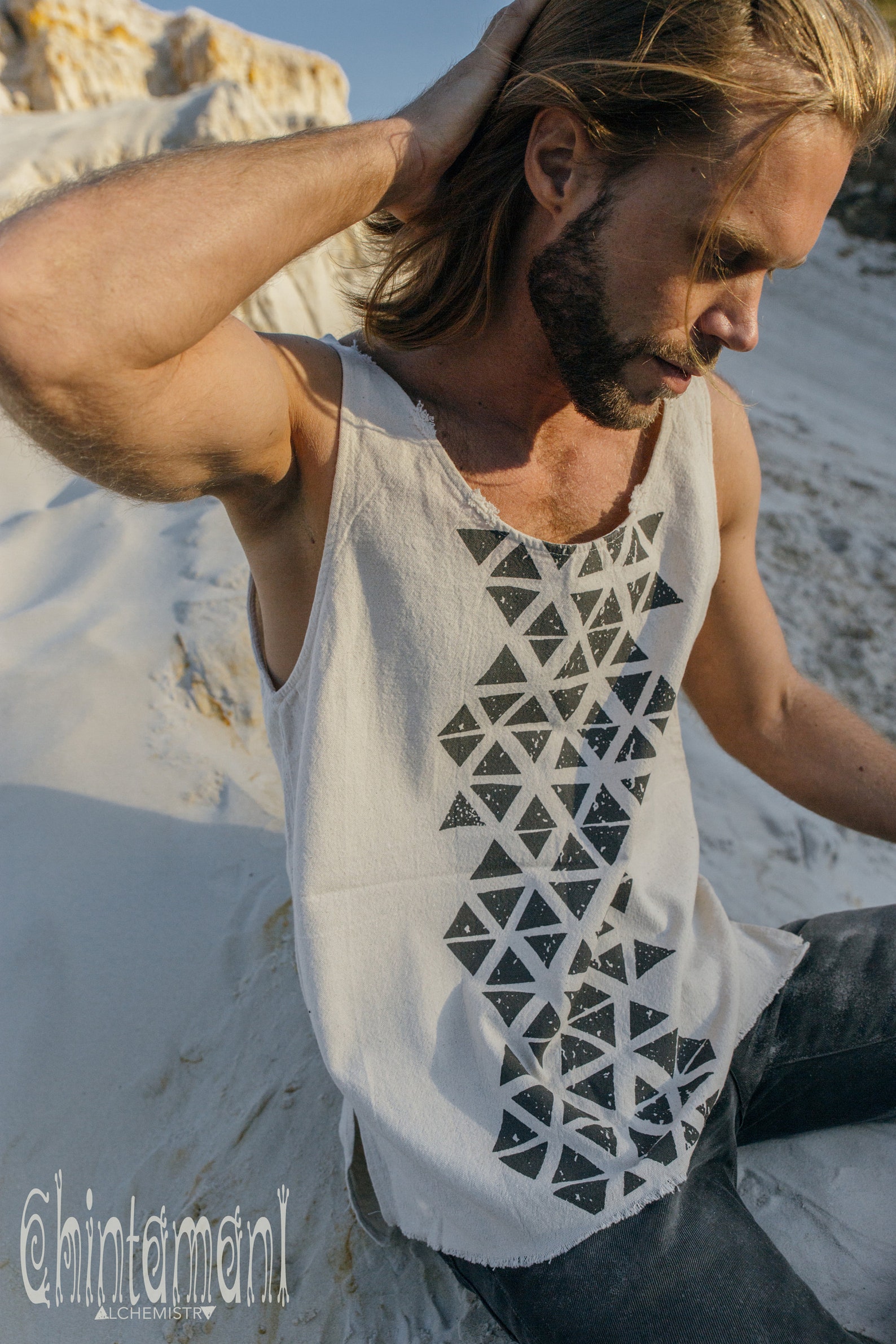 Raw Cotton Tank Top Men Geometric Surfer Top White Boho | Etsy