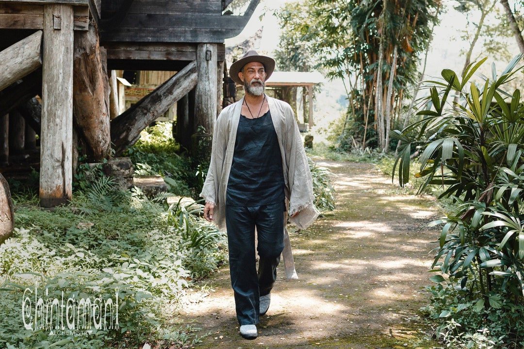 Linen Kimono Robe Mens Boho Clothing Cardigan Wide Sleeve Boho Kimono ...