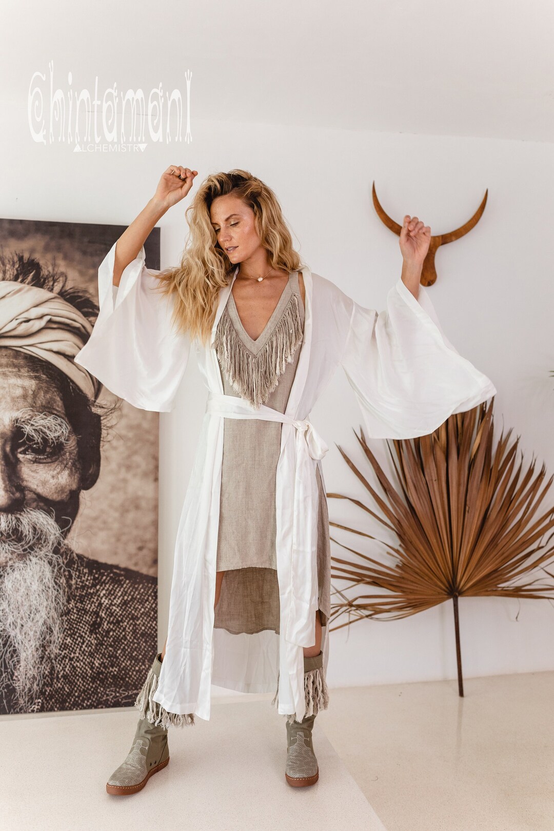 White Silk Kimono Wrap Dress ∆ Silk Robe ∆ Boho Kimono Cardigan ∆ ...