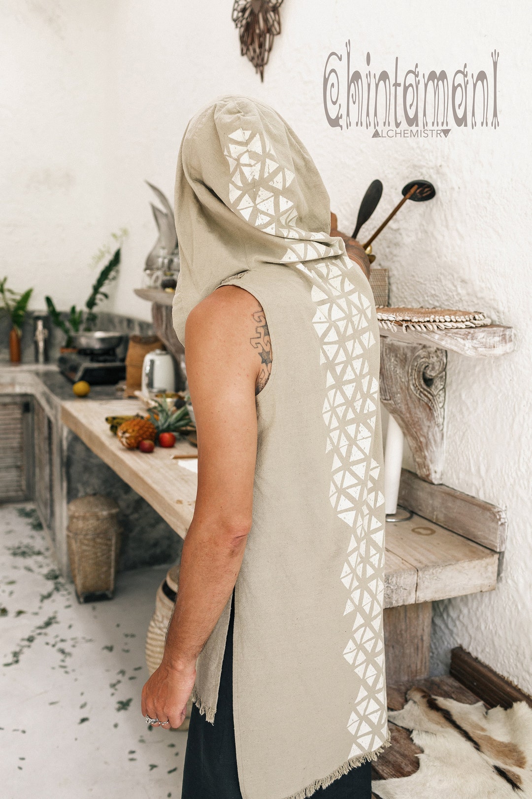 Mens Hooded Shirt With Geometric Print Long Boho Vest Men - Etsy