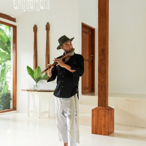 Black Button Down Shirt Men ∆ Boho Clothing Cotton Top ∆ 3/4 Long ...