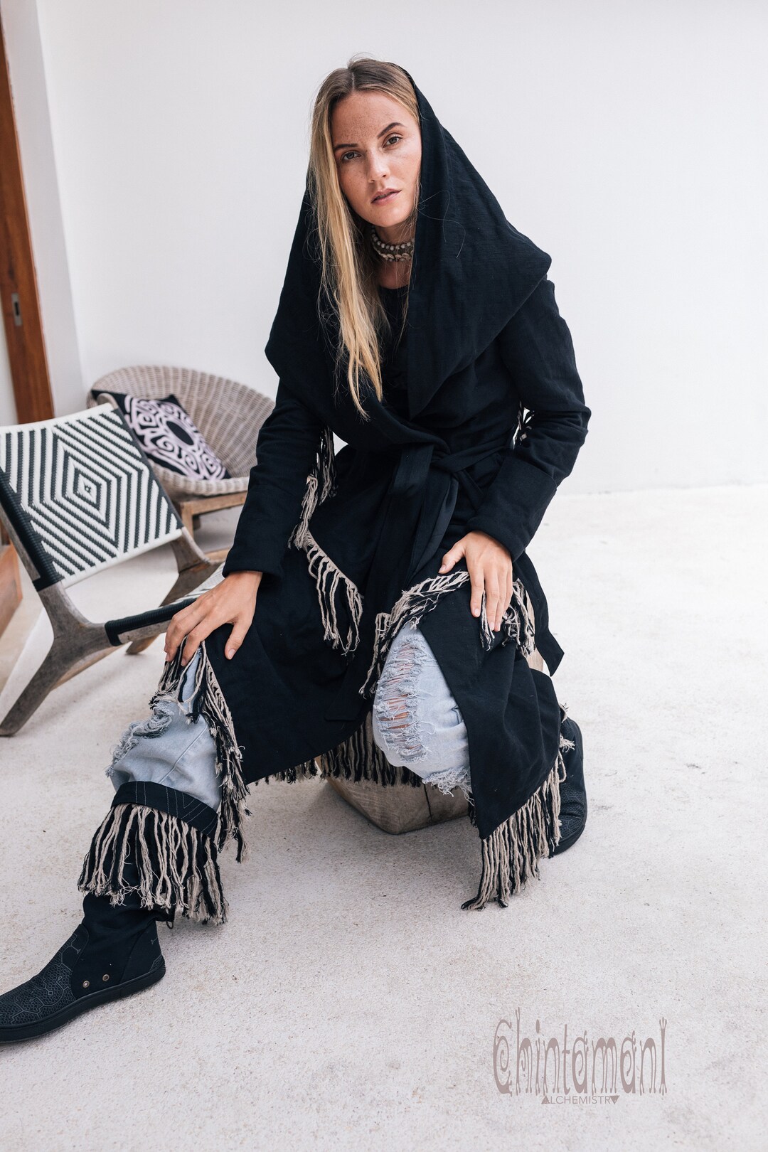 Long Black Hooded Coat Boho Robe Linen & Silk Clothing - Etsy