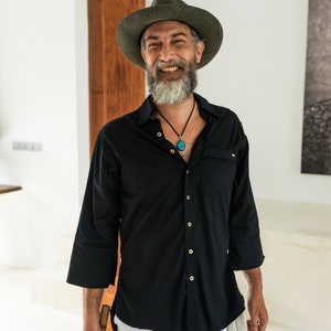 Black Button Down Shirt Men ∆ Boho Clothing Cotton Top ∆ 3/4 Long ...