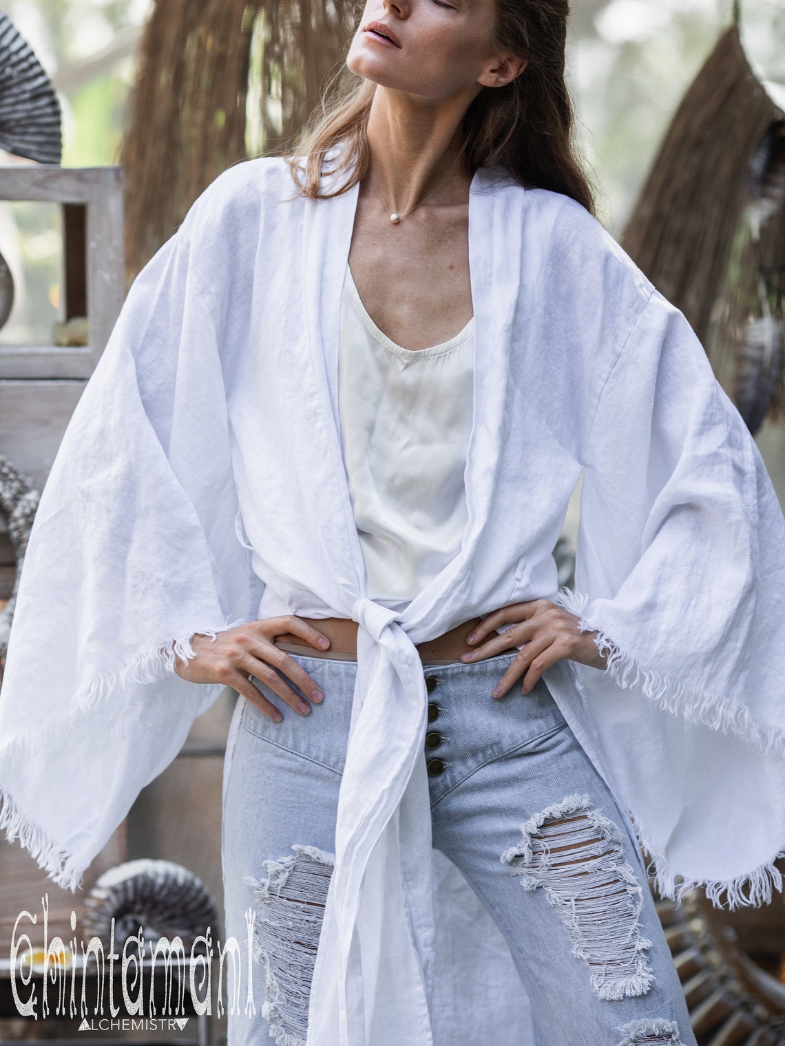 White Linen Kimono Robe Boho Kimono Cardigan Long Linen | Etsy