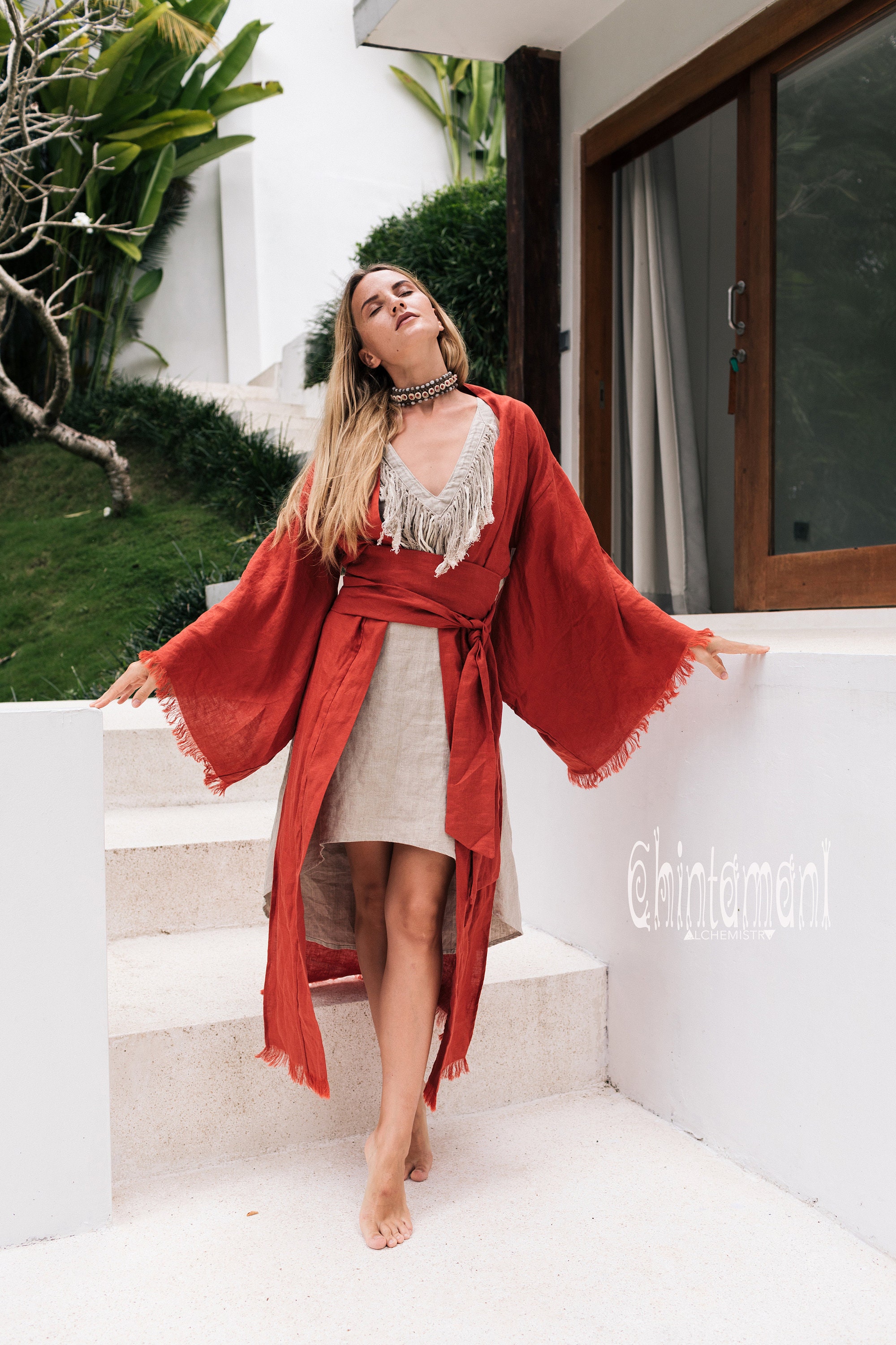 Red Linen Kimono Robe Women Boho Clothing Japanese Kimono | Etsy