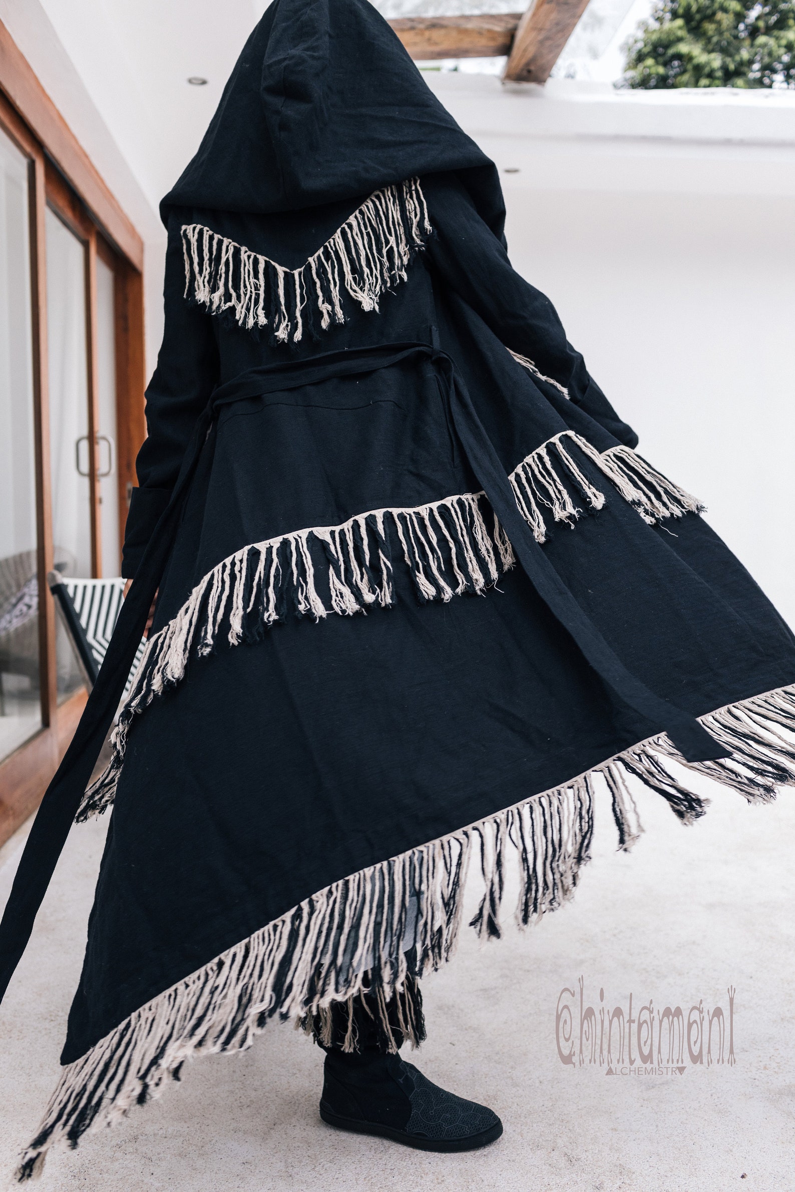 Long Black Hooded Coat Boho Robe Linen & Silk Clothing | Etsy