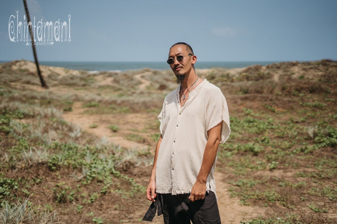 White Boho Button Shirt for Men ∆ Raw Cotton Festival Shirt ∆ Bohemian ...