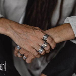 ALCHEMY Sterling Silver Hammered Ring W 18K Gold ∆ Oxidized Wide Silver ...