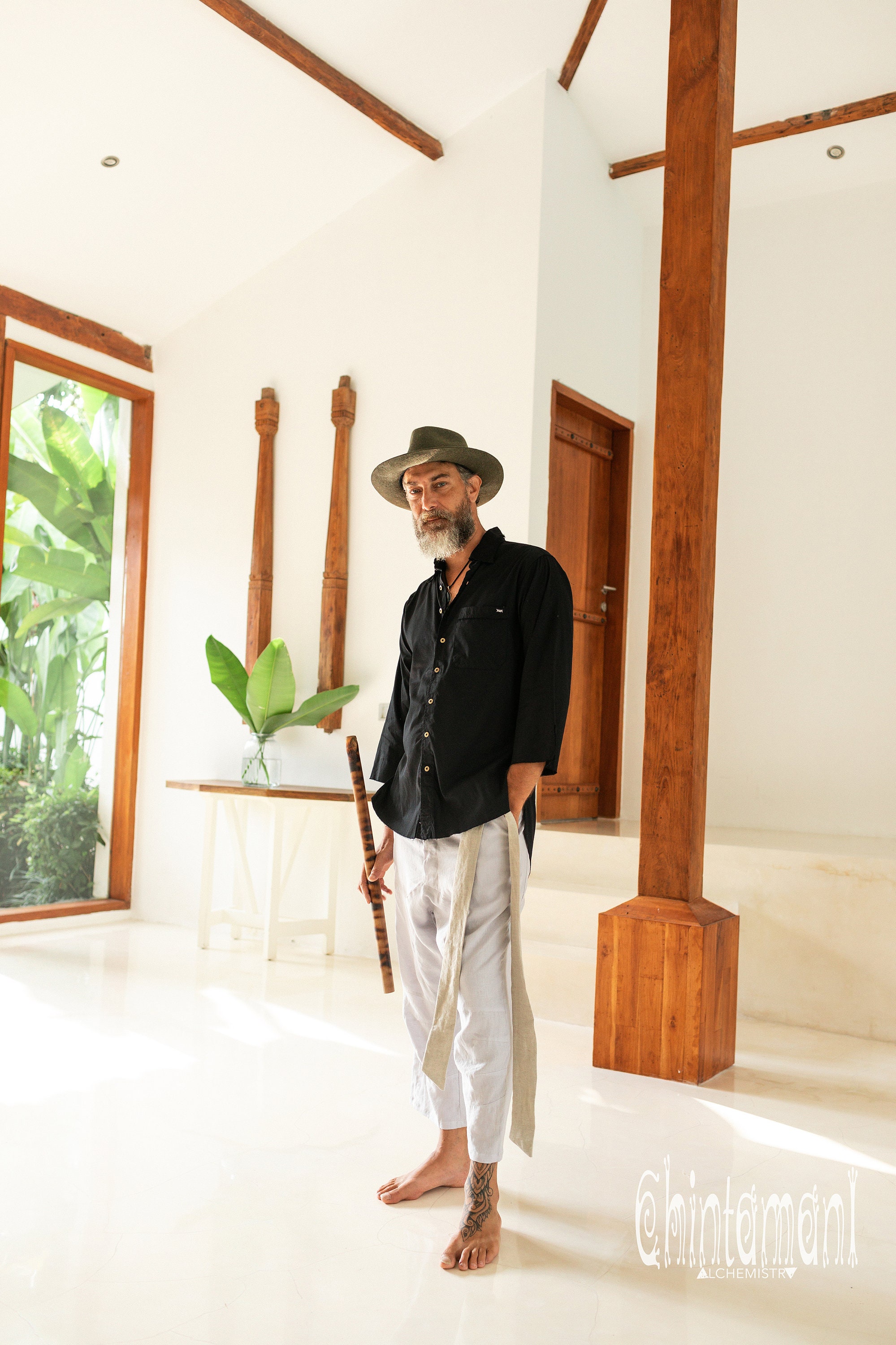 Black Button Down Shirt Men Boho Clothing Bamboo Top 3/4 | Etsy