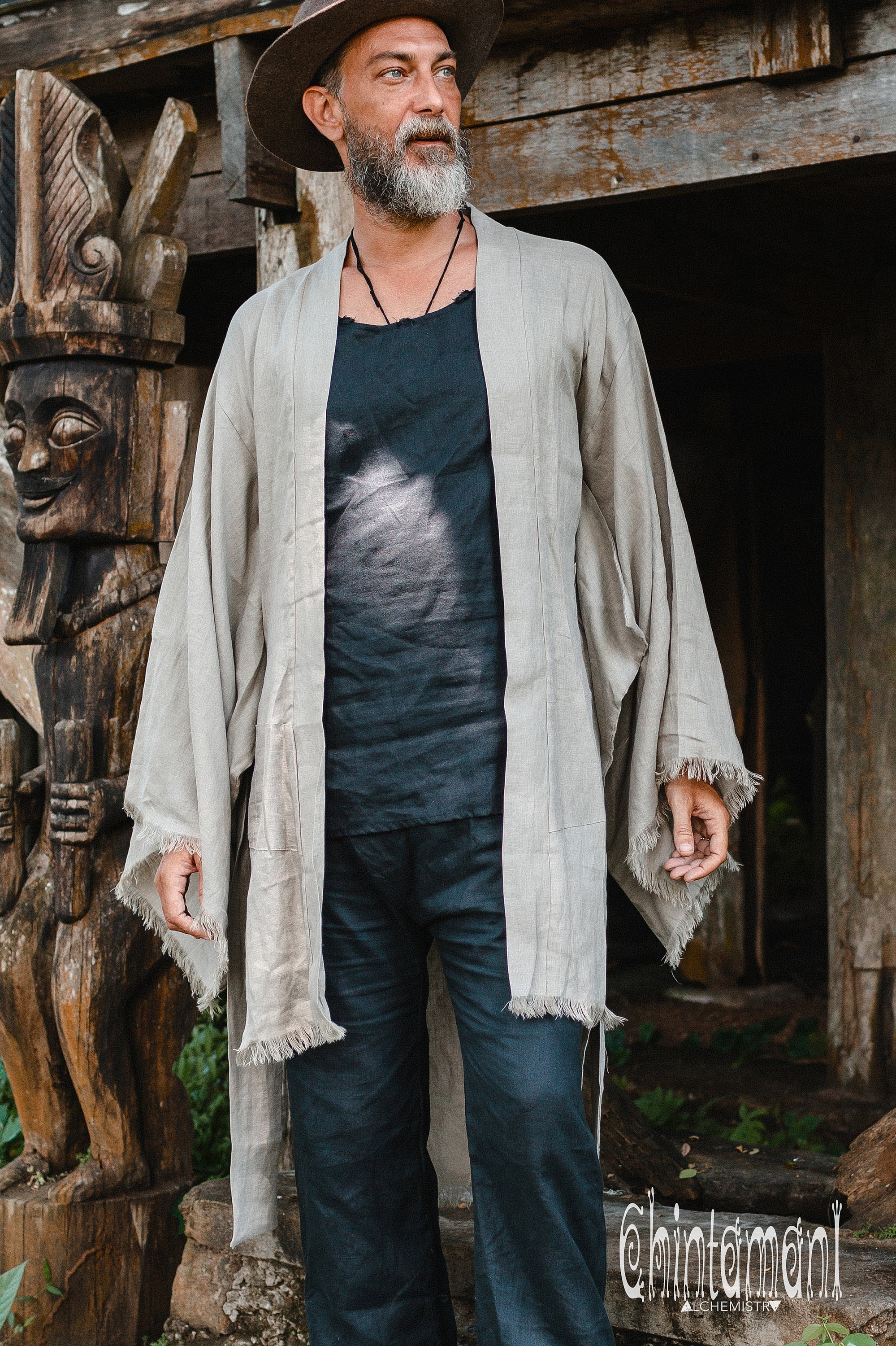 Linen Kimono Robe Mens Boho Clothing Cardigan Wide Sleeve | Etsy