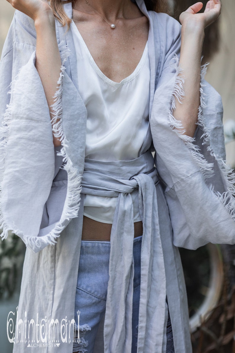 Grey Linen Kimono Jacket Linen Robe Women Long Cardigan | Etsy