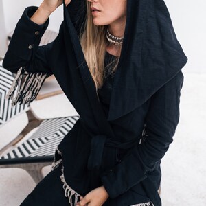 Long Black Hooded Coat Boho Robe Linen & Silk Clothing Women Duster ...