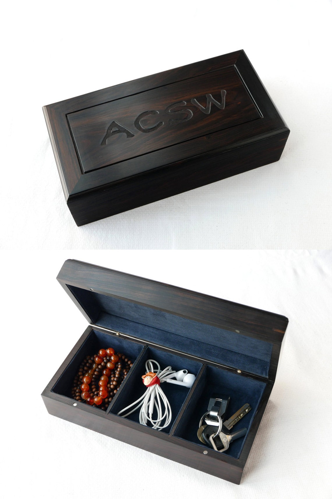 Custom 9 Black Ebony Cufflinks Box with 3 Compartments | Etsy