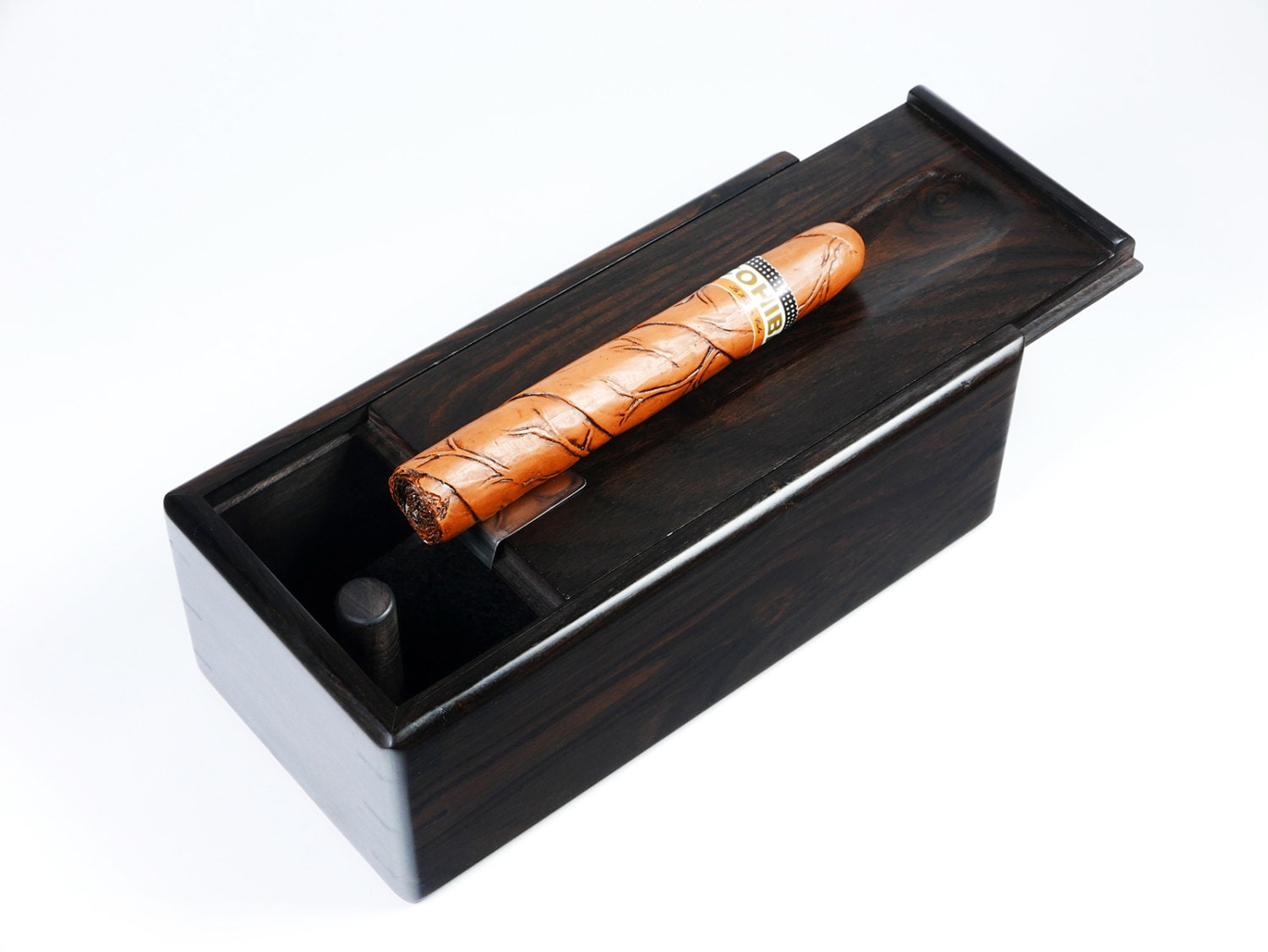 Custom 8" Ebony Wood Cigar Ashtray Case With Sliding Lid and Ash Stump ...