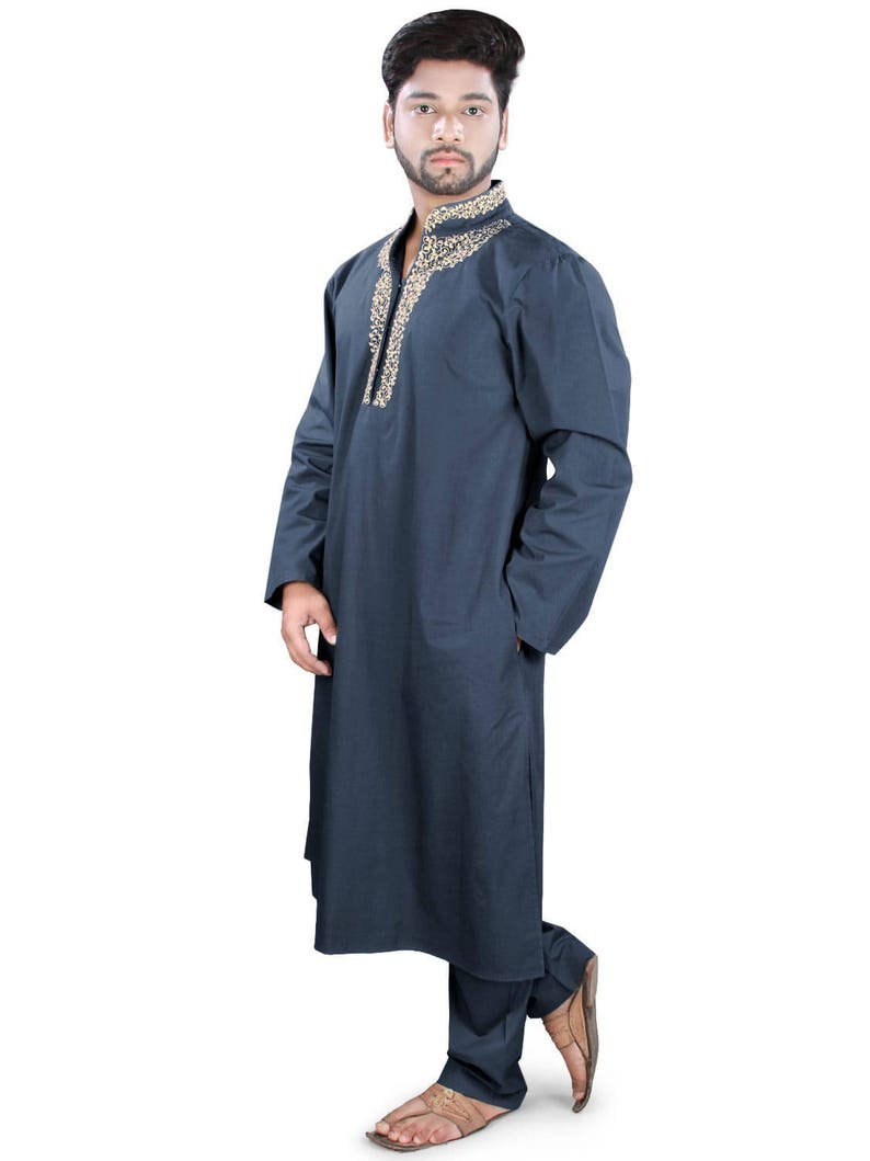 Mybatua Islamic Men Graceful Embroidered Navy Blue Cotton Kurta Pajama ...