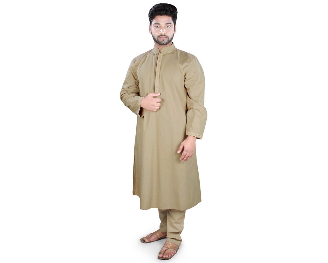 Mybatua Muslim Men Traditional Khaki Cotton Kurta Pajama, Light ...