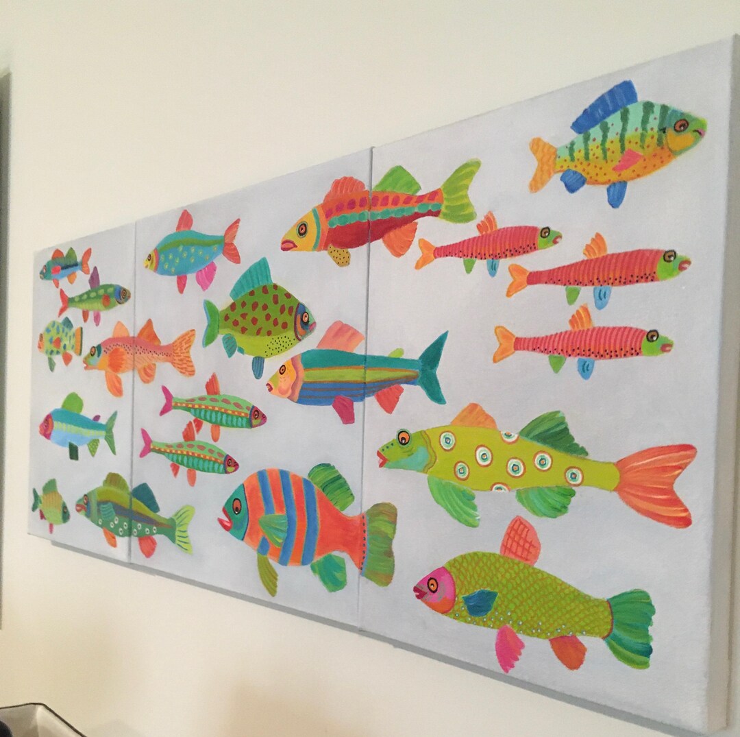 Original Painting Catch of the Day 20 Whimsical Fish Across 3 Canvases ...