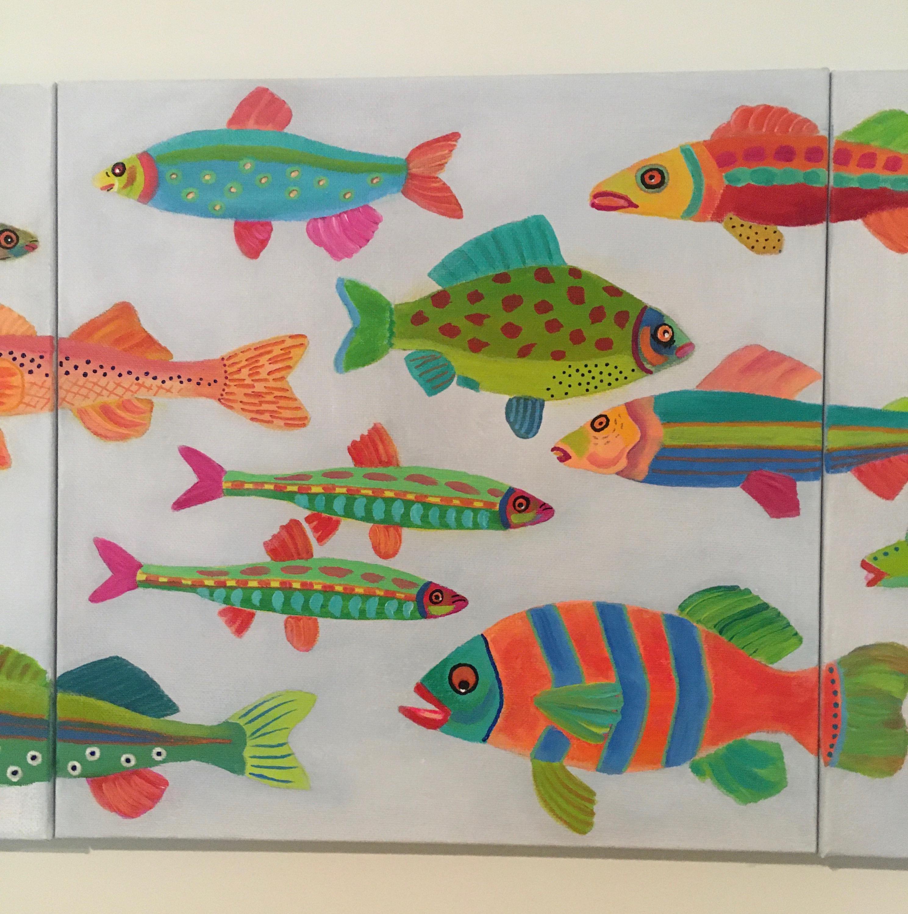 Original Painting Catch of the Day 20 Whimsical Fish Across 3 Canvases ...