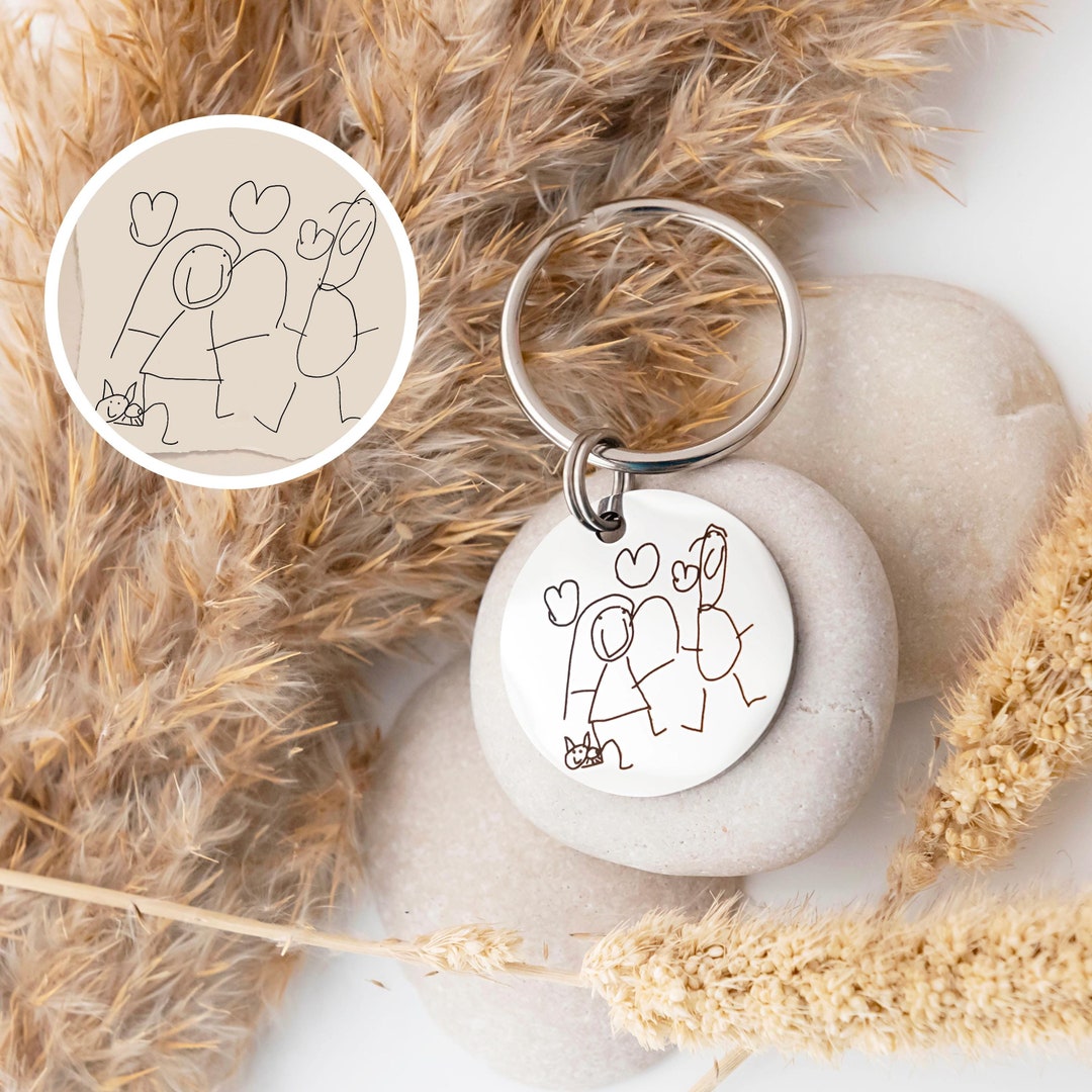 Gift for Dad Daddy Mum Mummy, Drawing Keyring, Personalised Child's ...